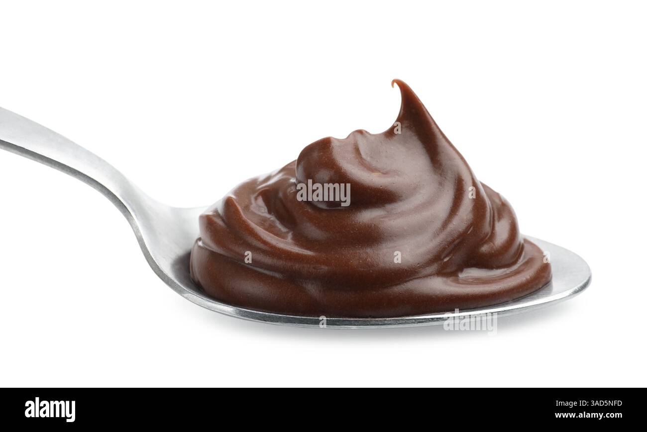 Tasty chocolate pudding in spoon isolated on white Stock Photo - Alamy
