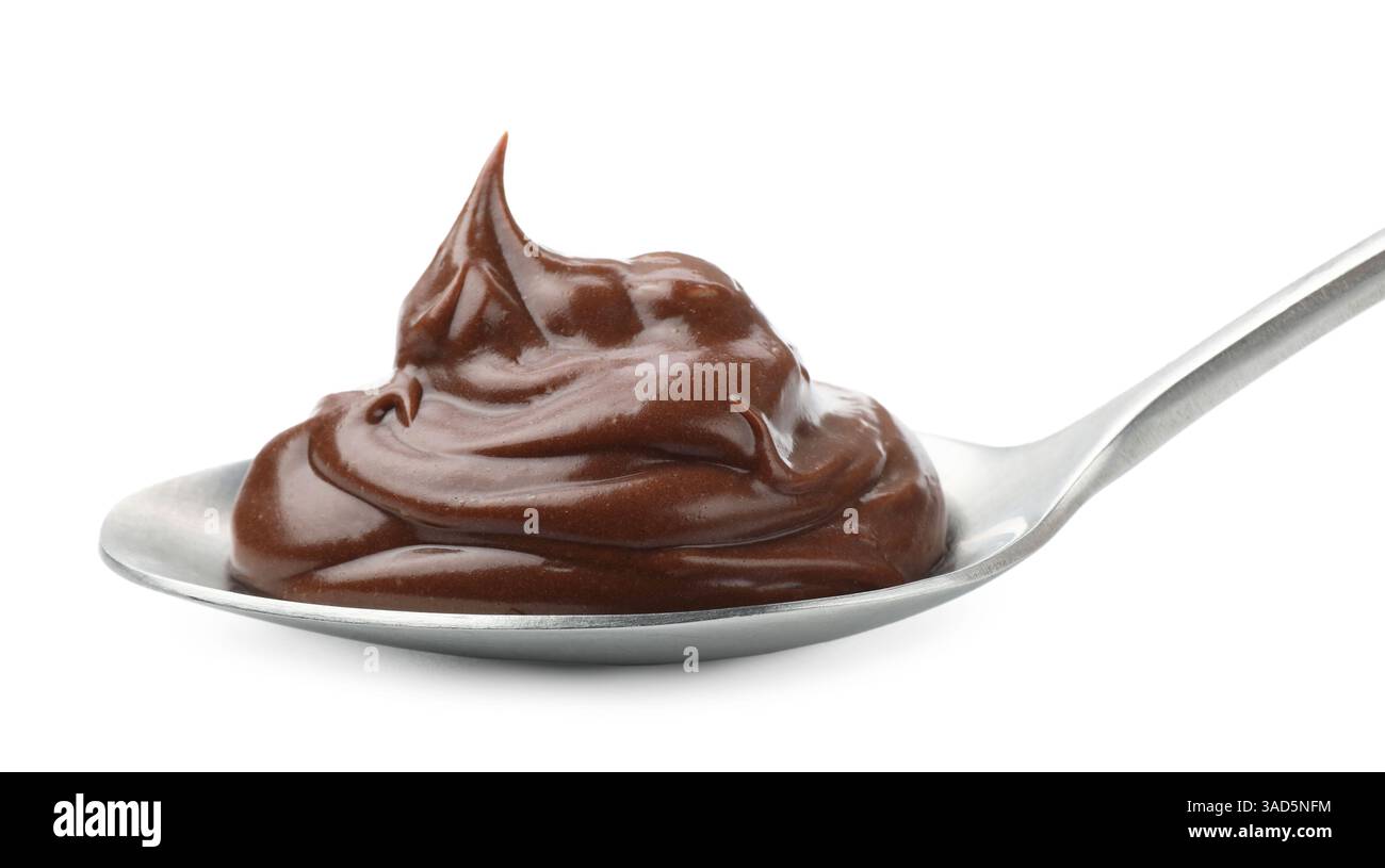Tasty chocolate pudding in spoon isolated on white Stock Photo - Alamy