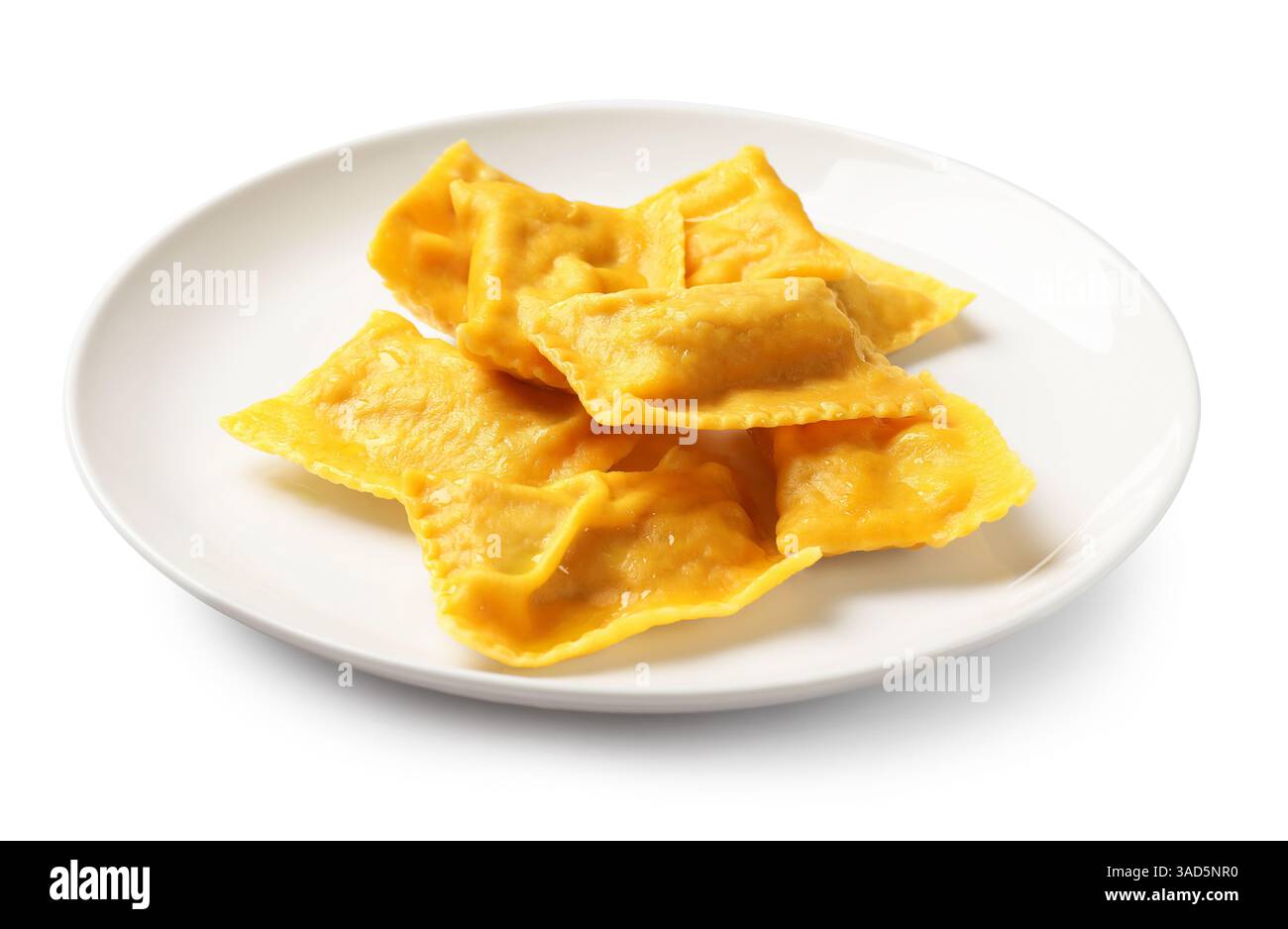 Delicious ravioli on plate against white background Stock Photo - Alamy