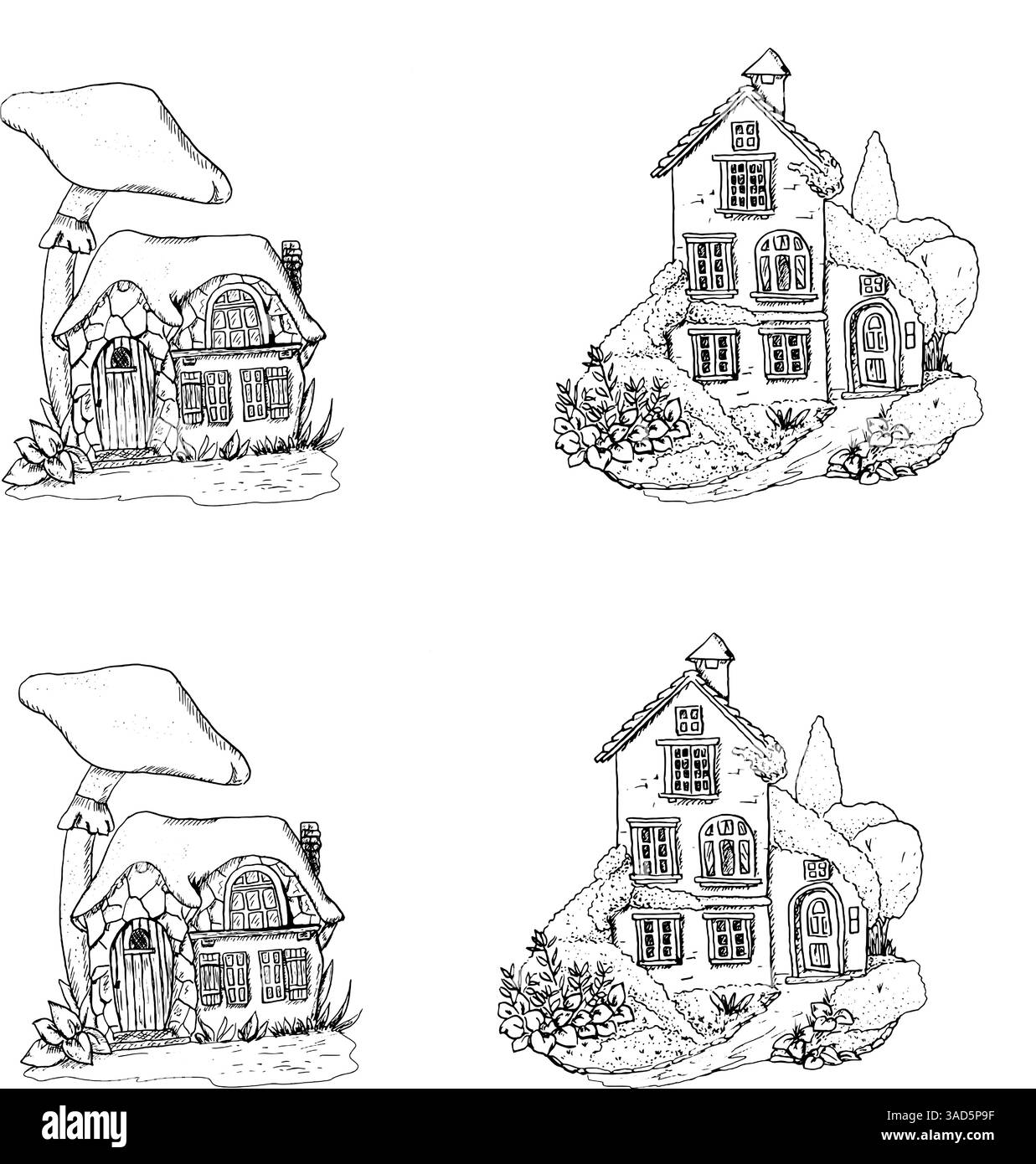 House building meadow tree Black and White Stock Photos & Images - Alamy