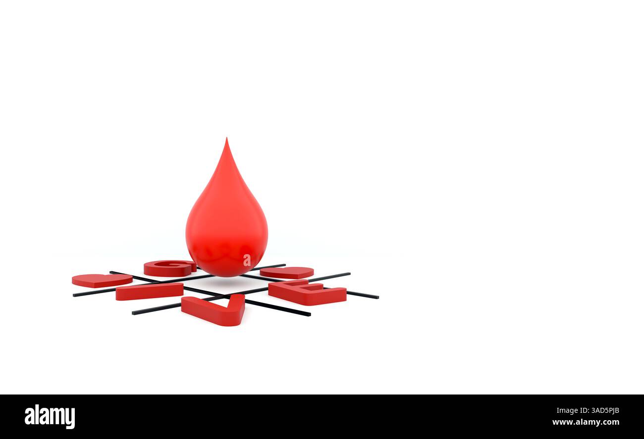 3D red blood drop on a tic-tac-toe grid with ABO blood type letters ...