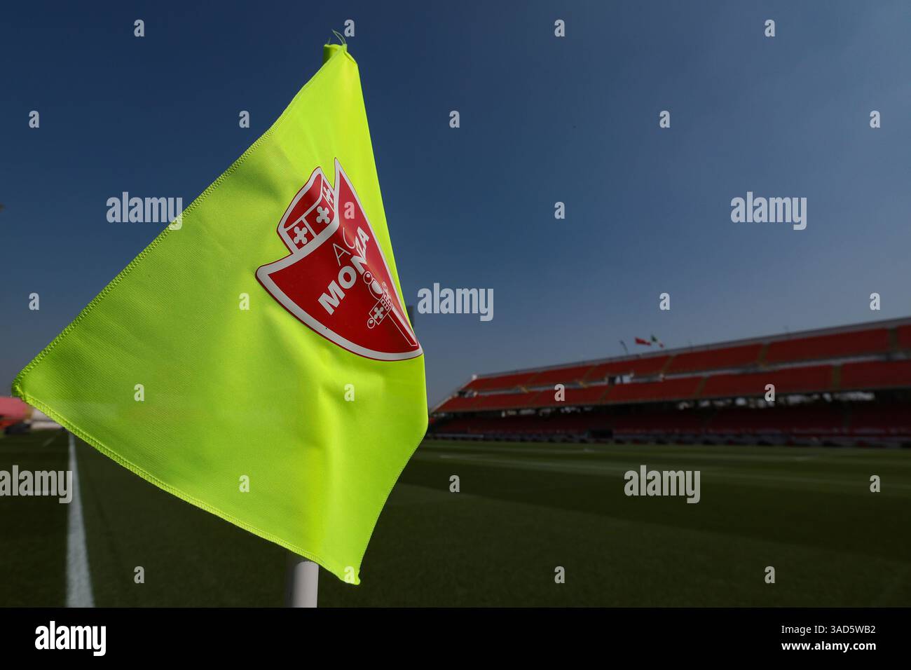 Monza, Italy, 5th April 2025. A corner flag bearing the AC Monza club ...