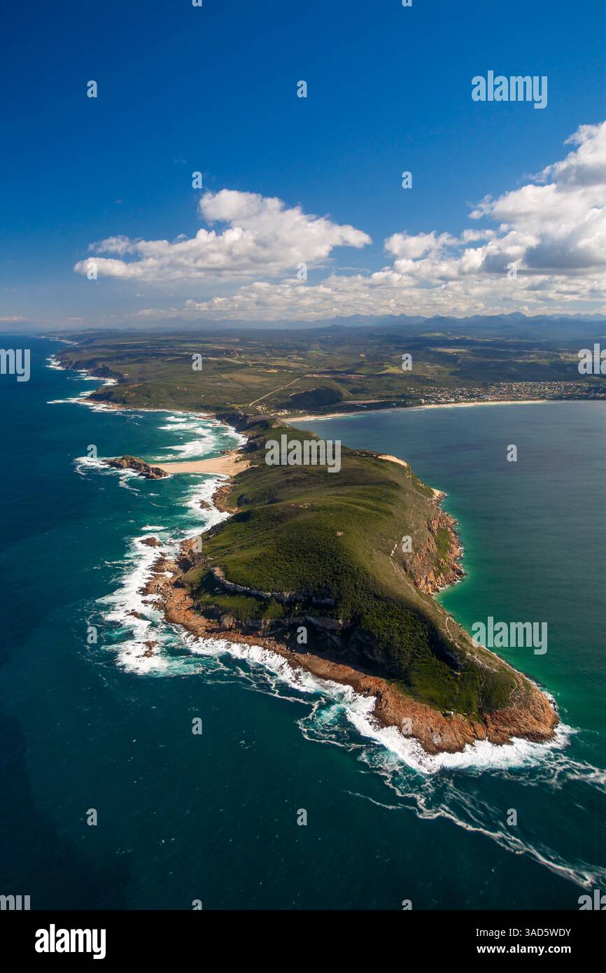 Aerial view Robberg Peninsula, remote, sandy beaches and Indian Ocean ...