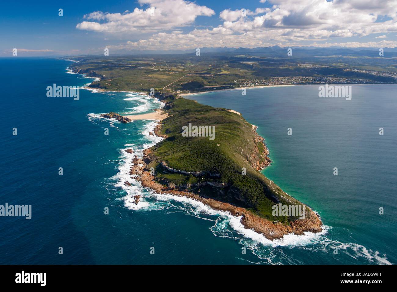 Aerial view Robberg Peninsula, remote, sandy beaches and Indian Ocean ...