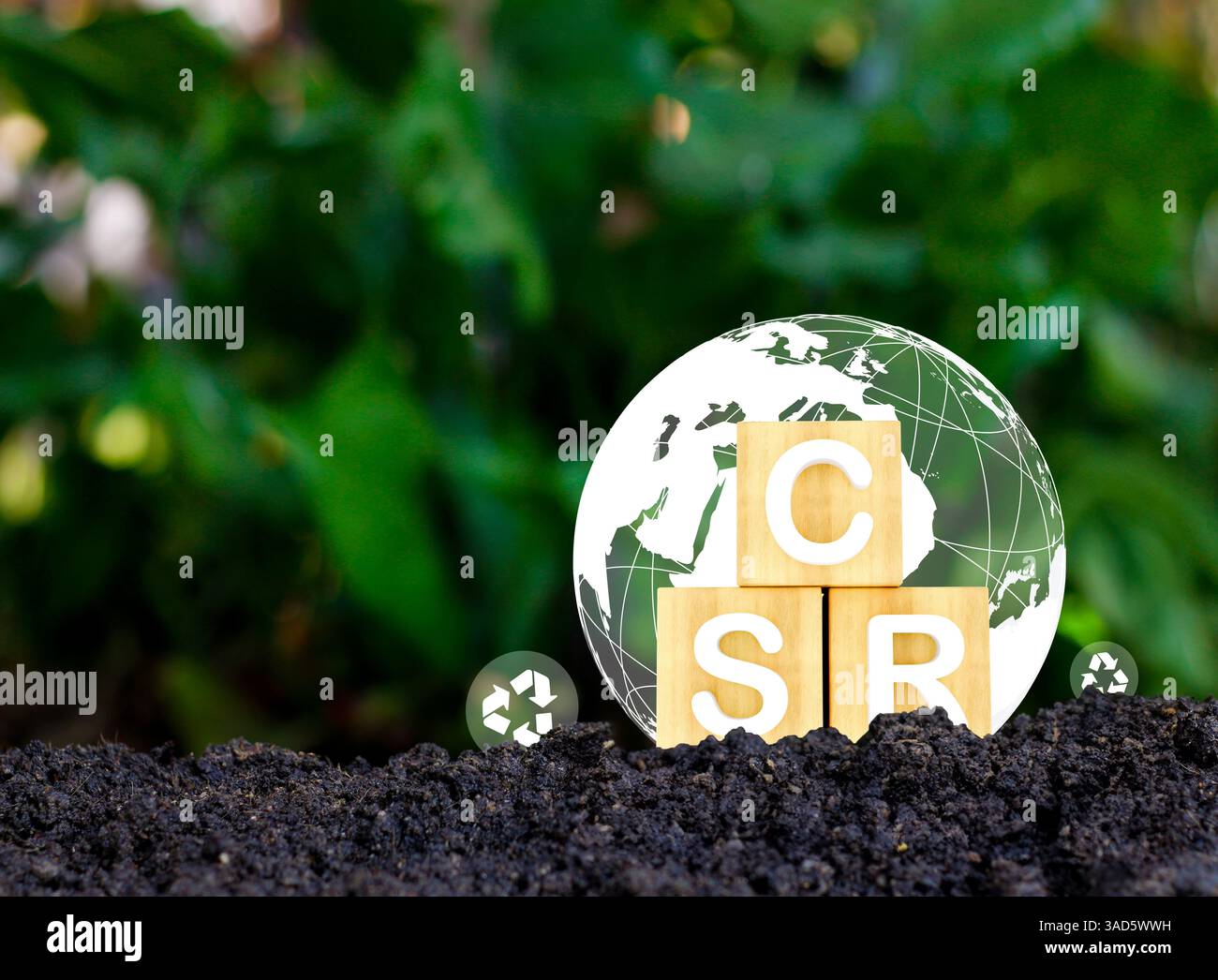 CSR concept with wooden blocks, green earth, and recycling icons ...