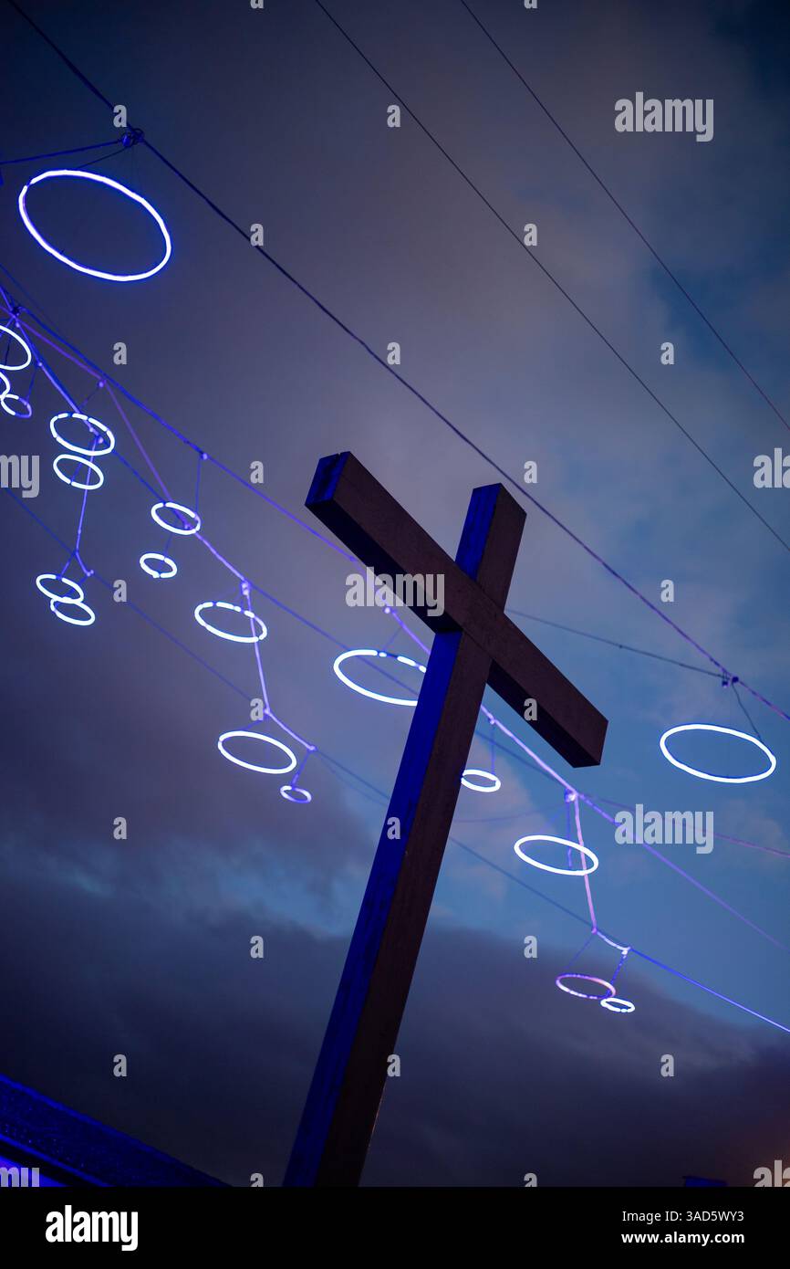 Illuminated cross near the Chiesa di Santa Maria del Monte dei ...