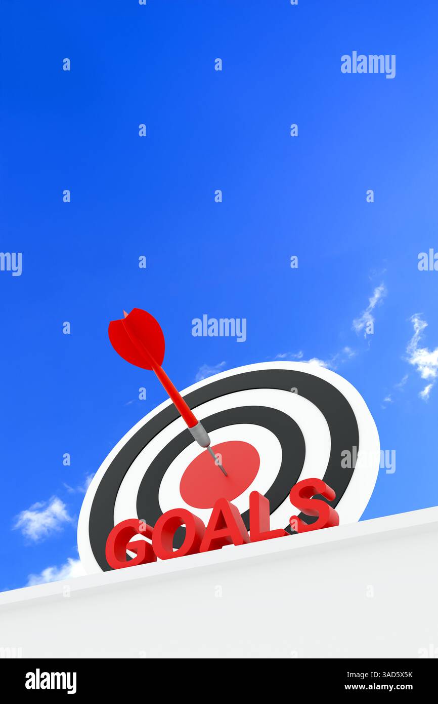 Red dart hitting the bullseye on a target with GOALS text, symbolizing ...