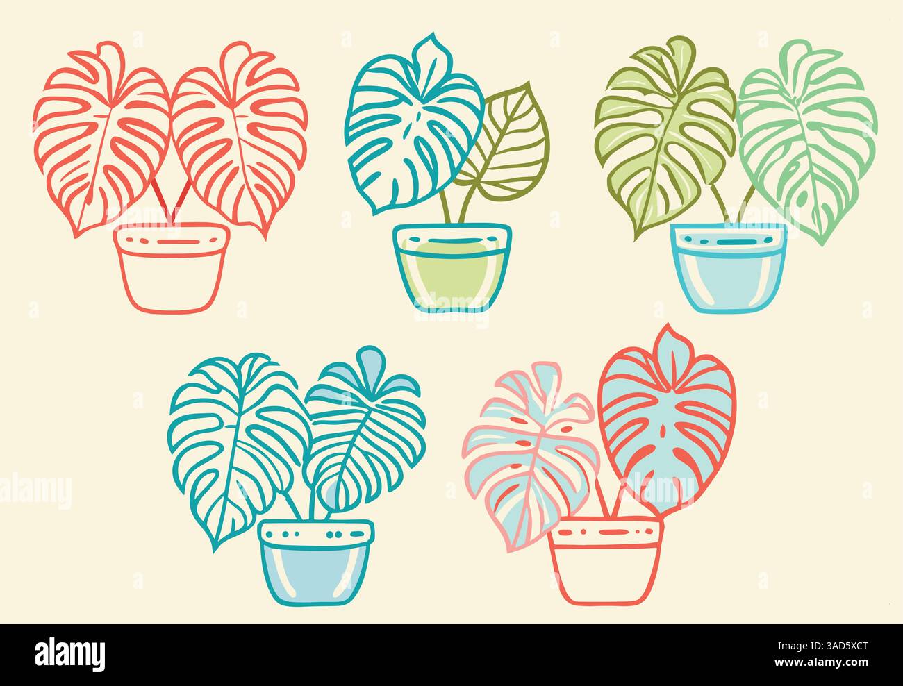 Illustration of five potted Monstera plants in different colors on a ...
