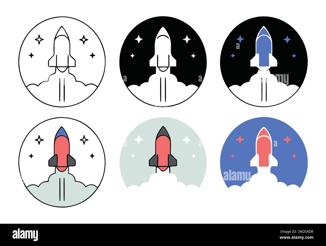 A collection of six stylized rocket illustrations in various color ...