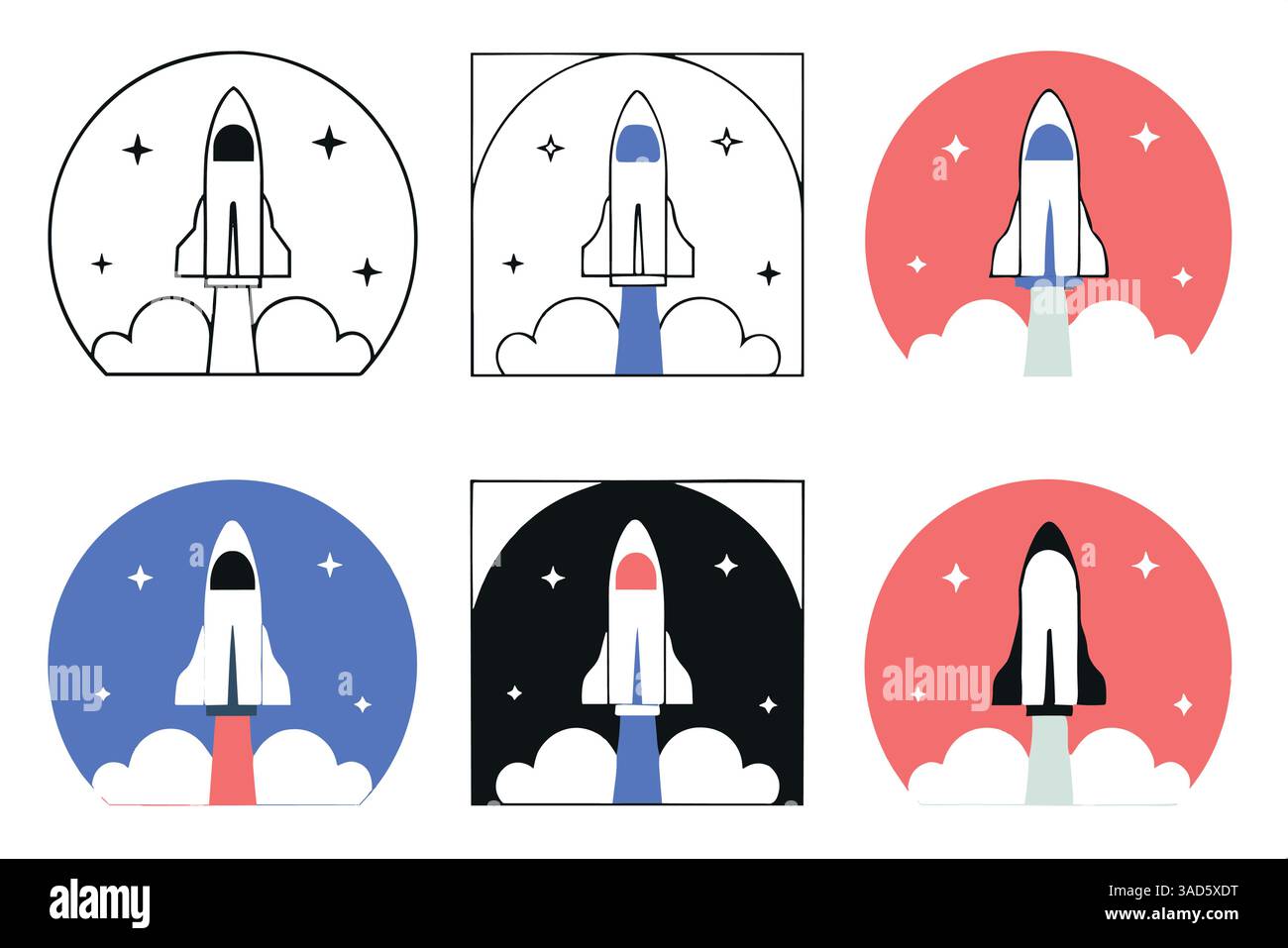A collection of six stylized rocket illustrations in various color ...