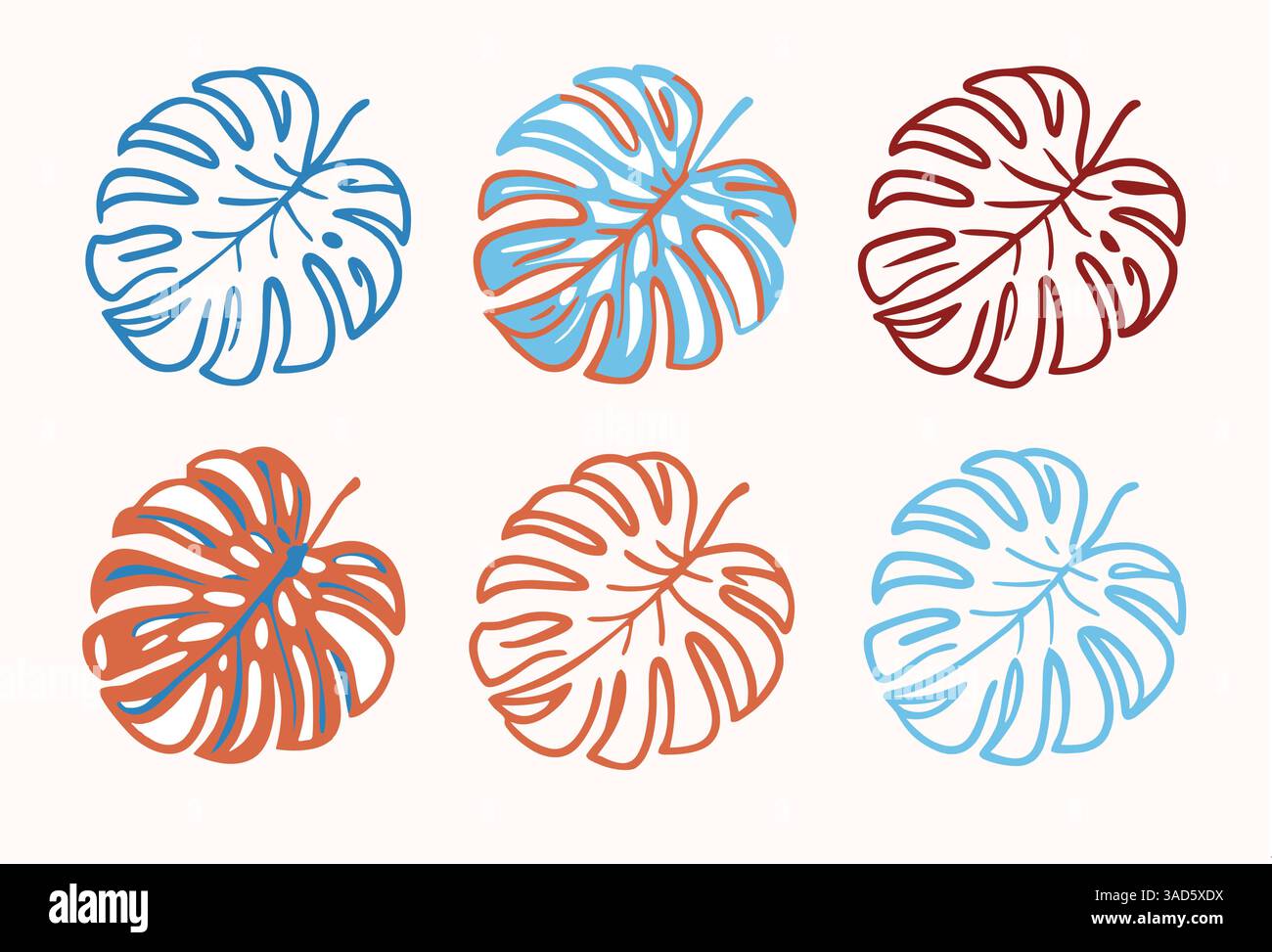 Illustration of five potted Monstera plants in different colors on a ...