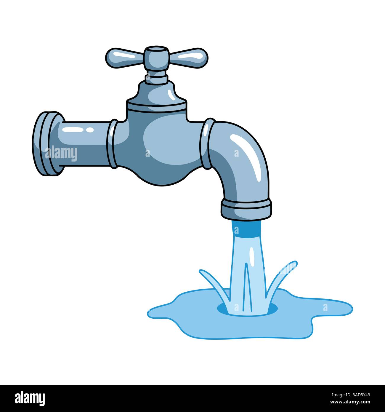 Metal water tap with flowing water vector illustration. Simple and ...