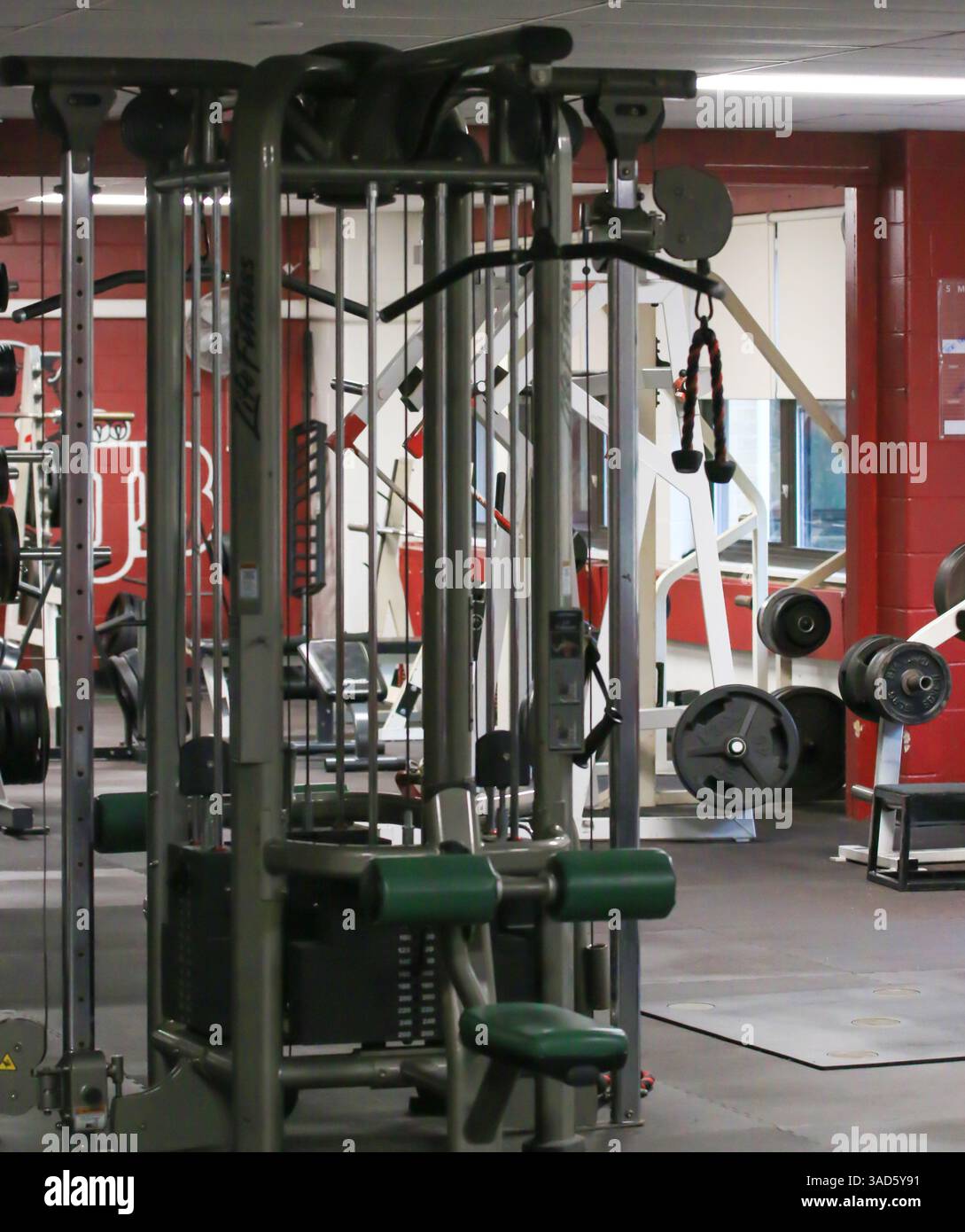 West Islip, New York, USA - 16 February 2025: Empty gym space featuring workout machines ...