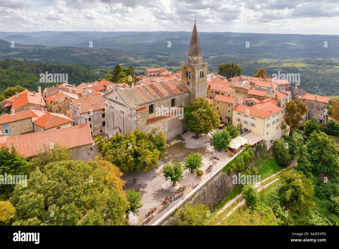 Aerial view of the picturesque historic town of Groznjan, Istria region ...