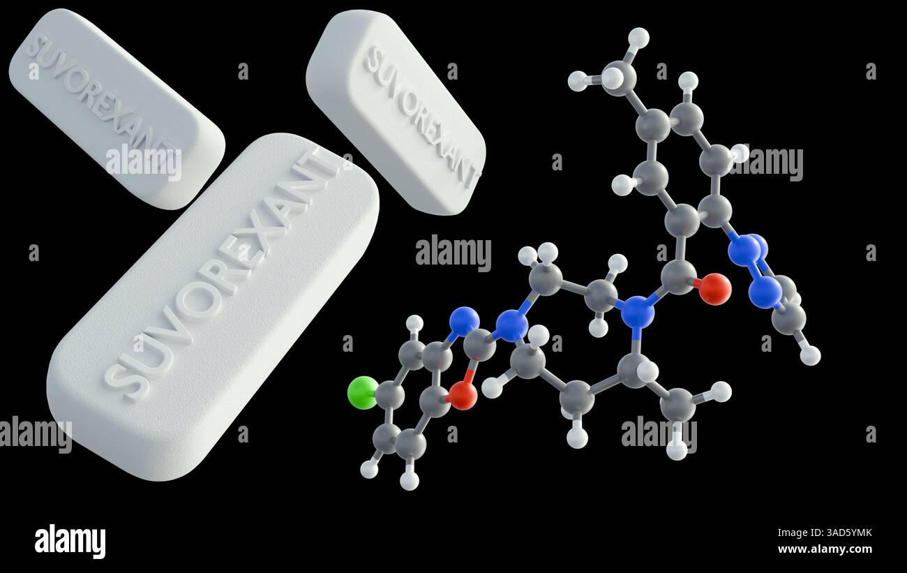 A 3d rendering of scattered oblong tablets has the word "SUVOREXANT ...