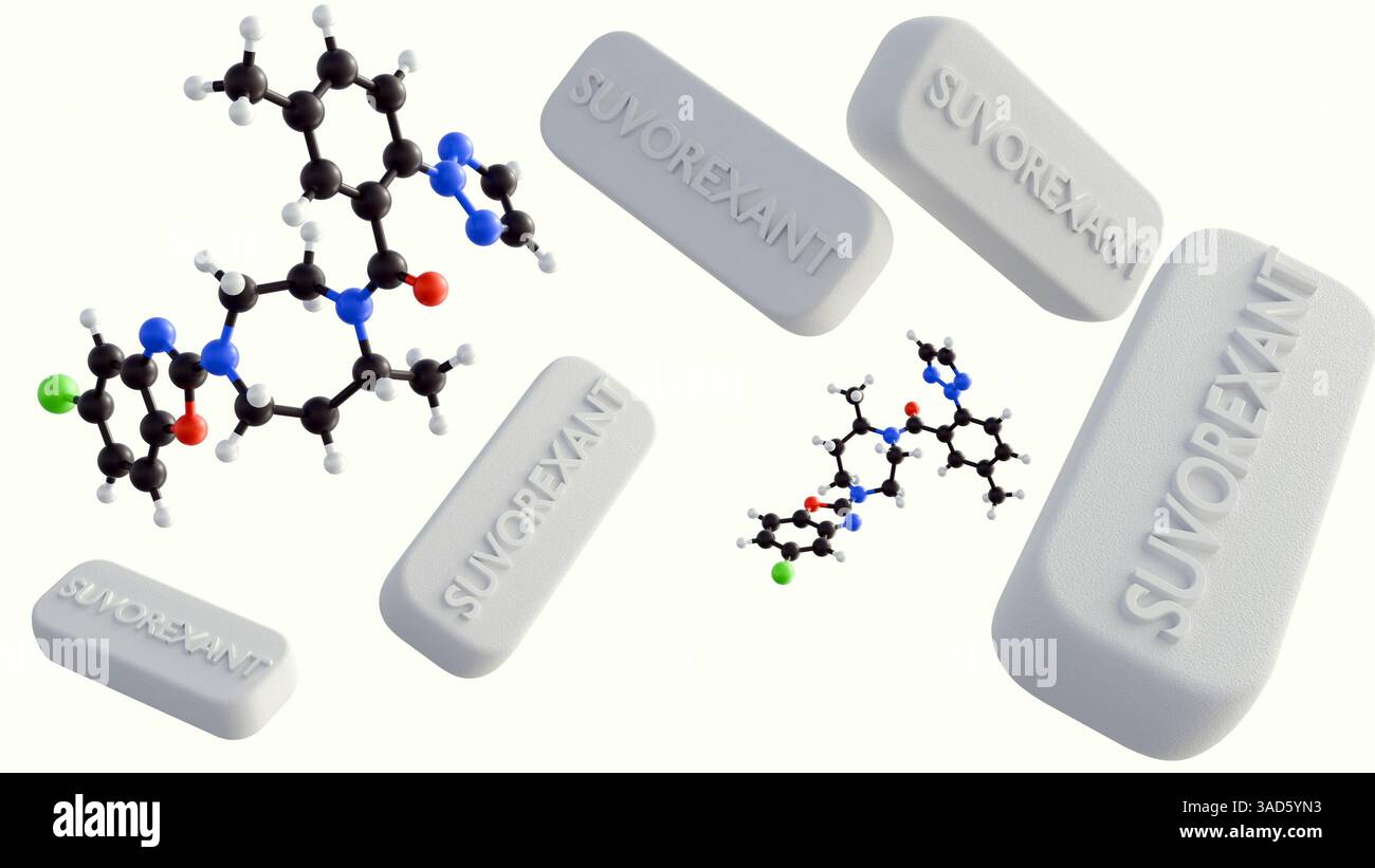 A 3d rendering of scattered oblong tablets has the word "SUVOREXANT ...