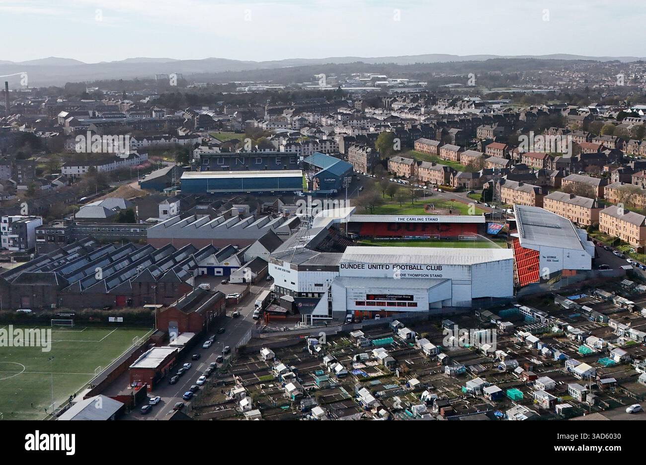 An aerial view of the Scot Foam Stadium at Dens Park, home of Dundee ...