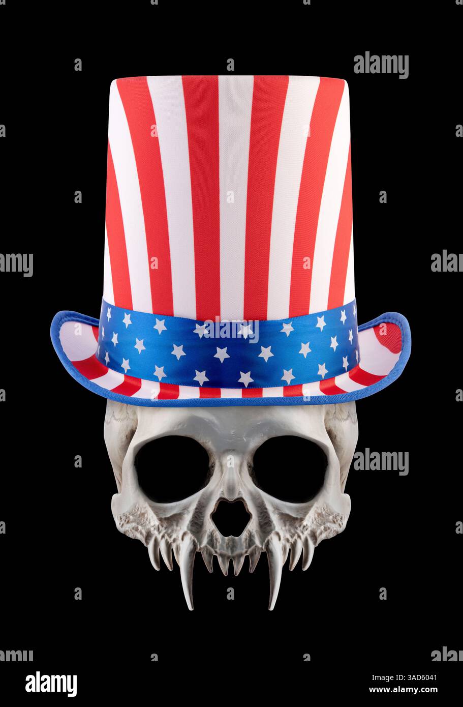 Vampire skull with extra tall American hat isolated on black background ...
