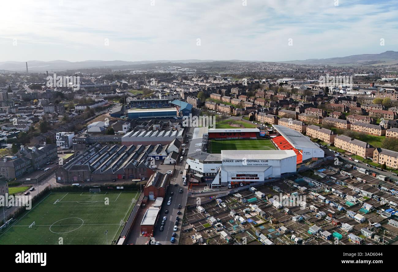 An aerial view of the Scot Foam Stadium at Dens Park, home of Dundee ...
