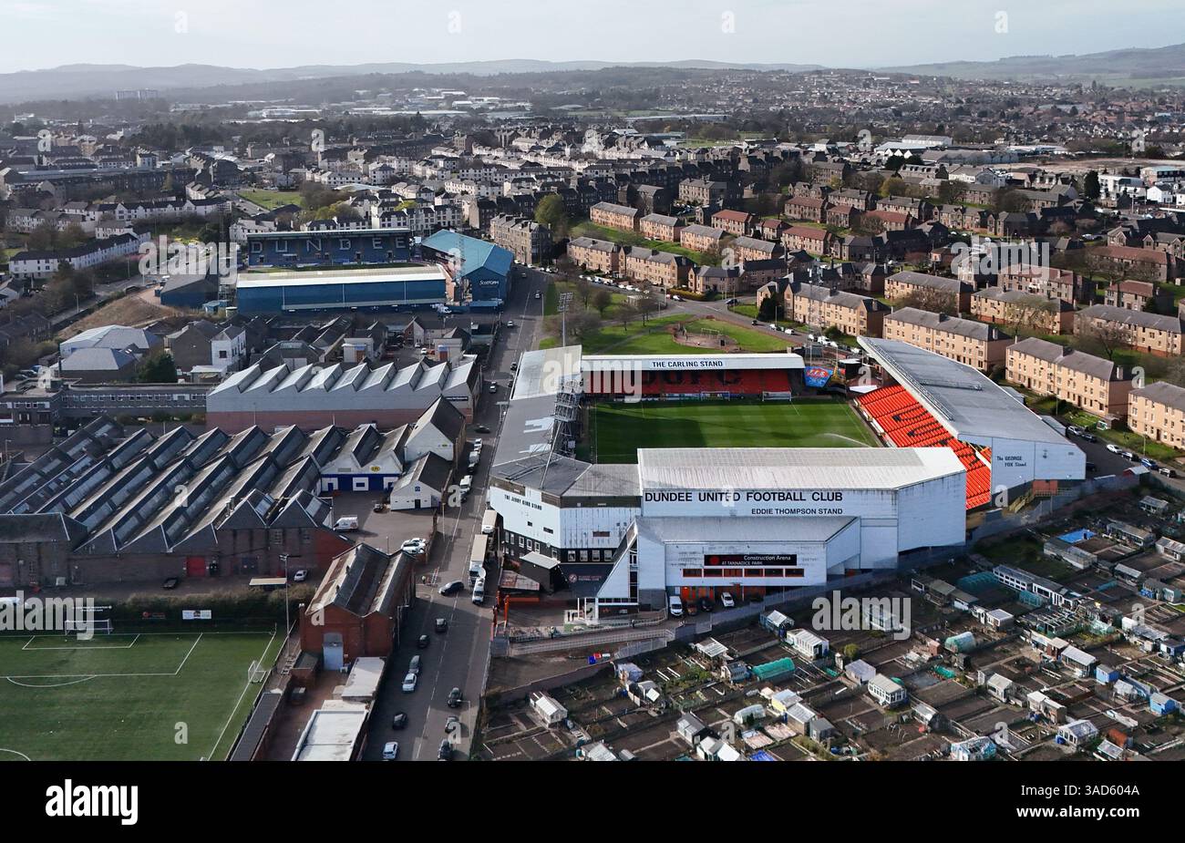 An aerial view of the Scot Foam Stadium at Dens Park, home of Dundee ...