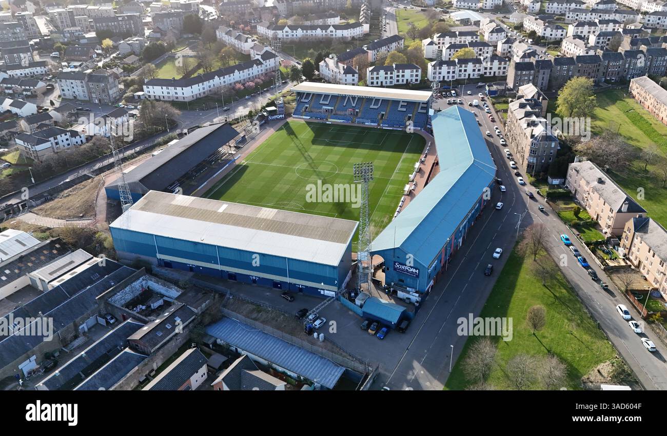 An aerial view of the Scot Foam Stadium at Dens Park, home of Dundee ...