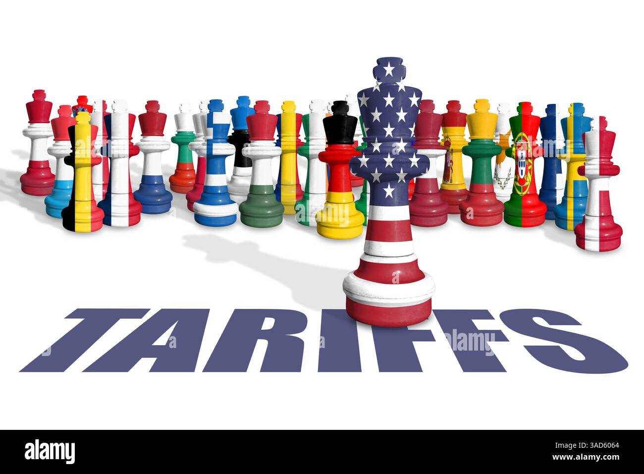 Chess made from EU members and US flags. Europe Union and USA tariffs ...