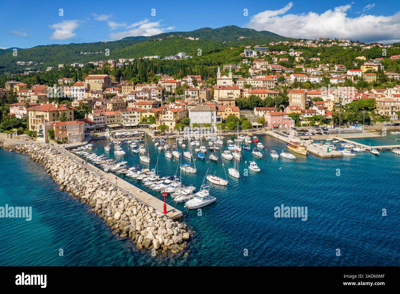 Aerial view of the beautiful seafront in Volosko district of Opatija ...