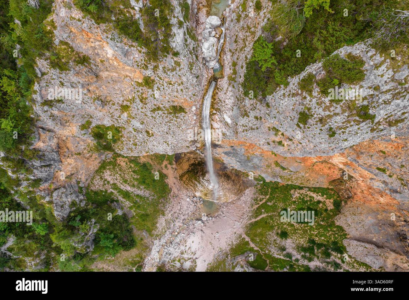 An aerial view of the Rinka waterfall in Logar Valley, Slovenia Stock ...