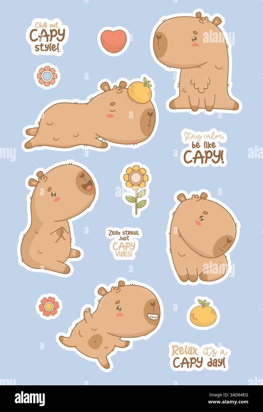 Cute cartoon Capybara stickers. Funny calm kawaii character sleeping ...