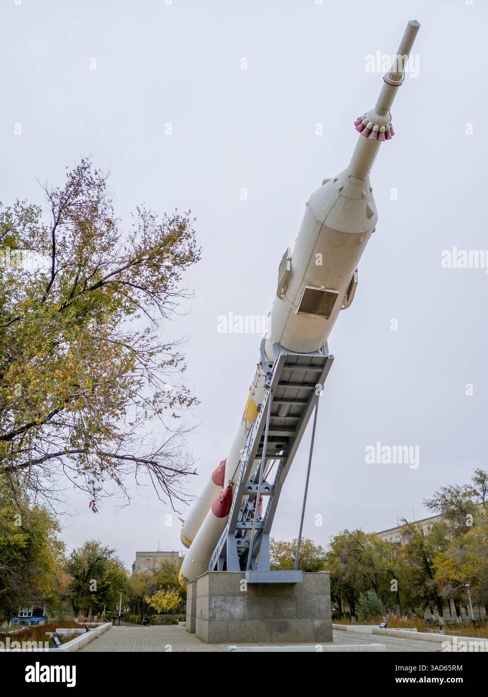 Vertical photo of Soviet rocket "Soyuz" in Baikonur cosmodrome in ...