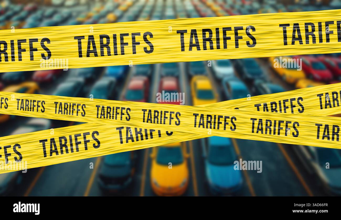 tariffs on cars - yellow warning line Stock Photo - Alamy