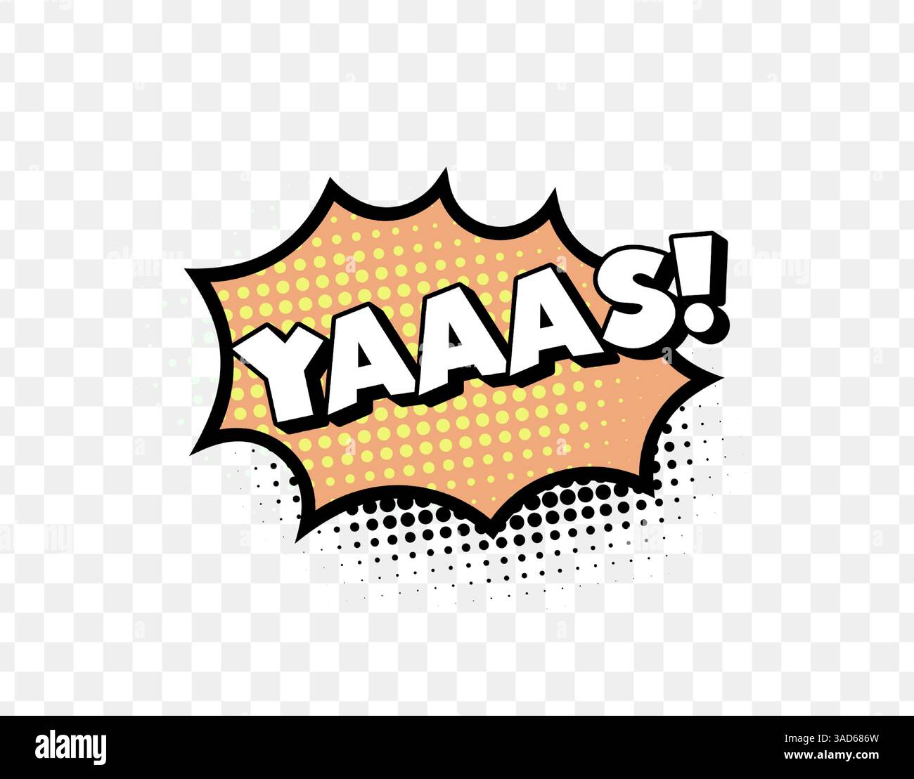 Comic Style YAAAS Text in Orange Burst with Halftone Dots and Bold ...