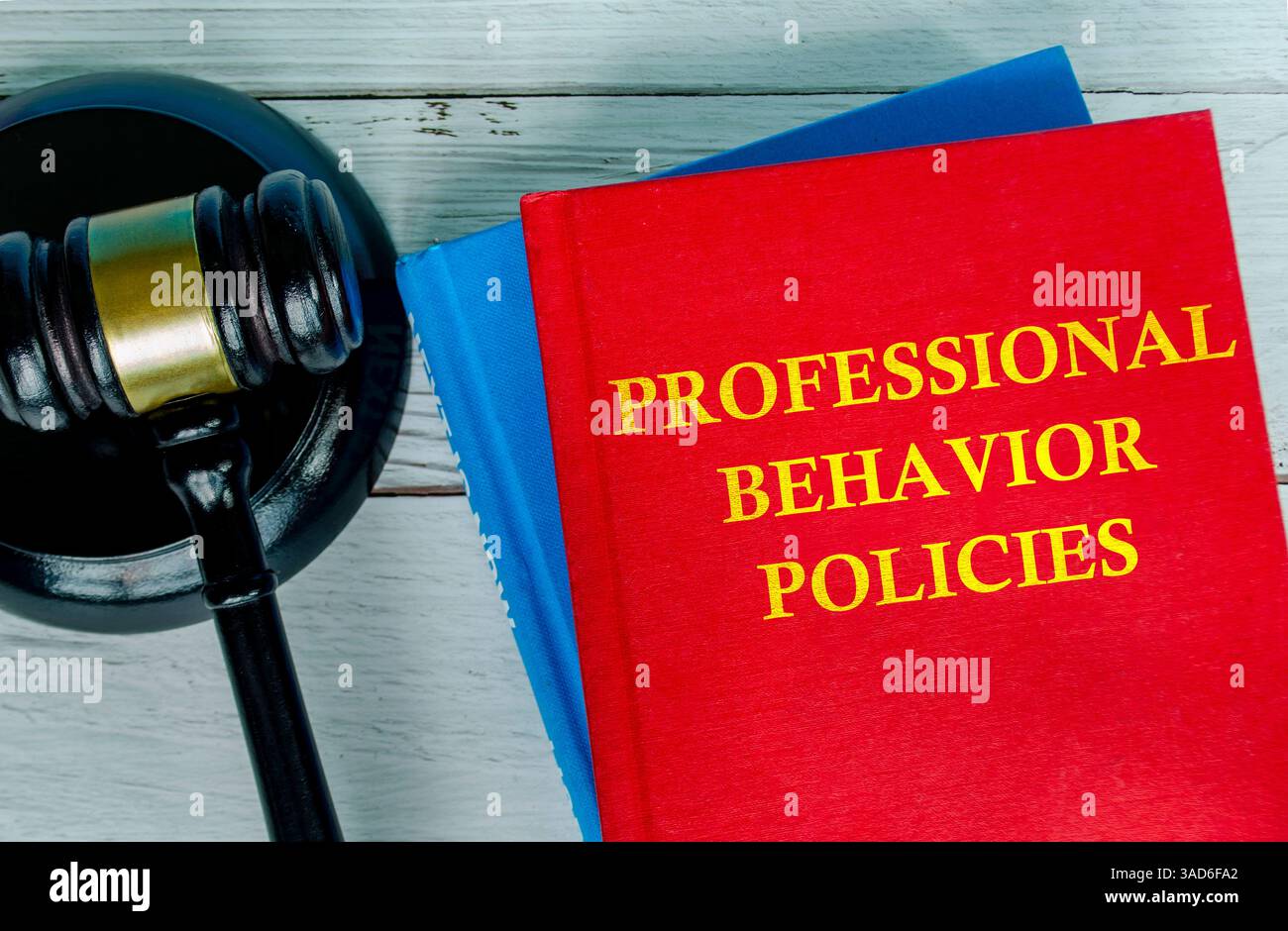 Top view of Professional Behavior Policies book with gavel background ...