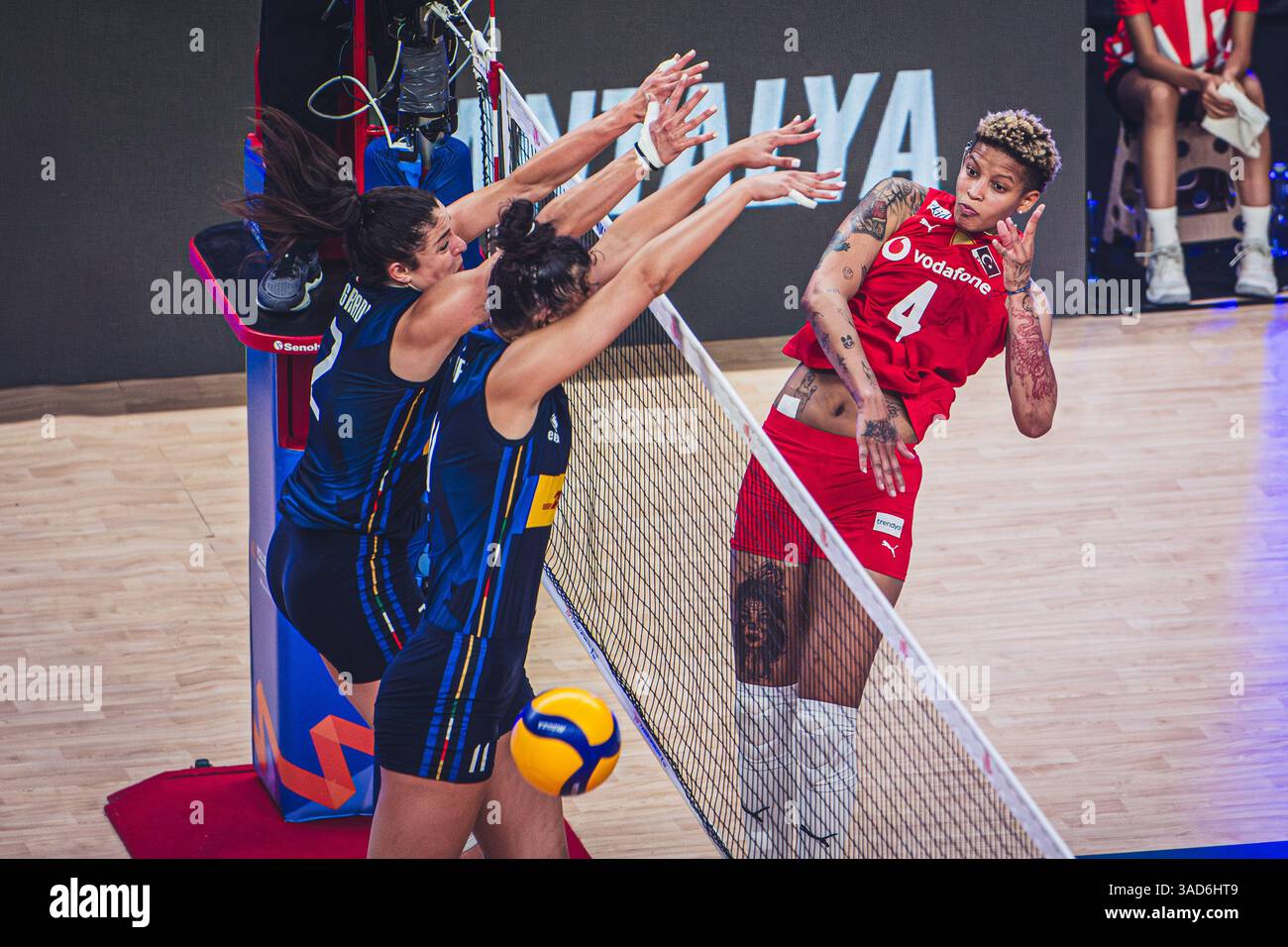 Volleyball players from Italy and the Turkiye in action during the FIVB Women Volleyball Nations ...