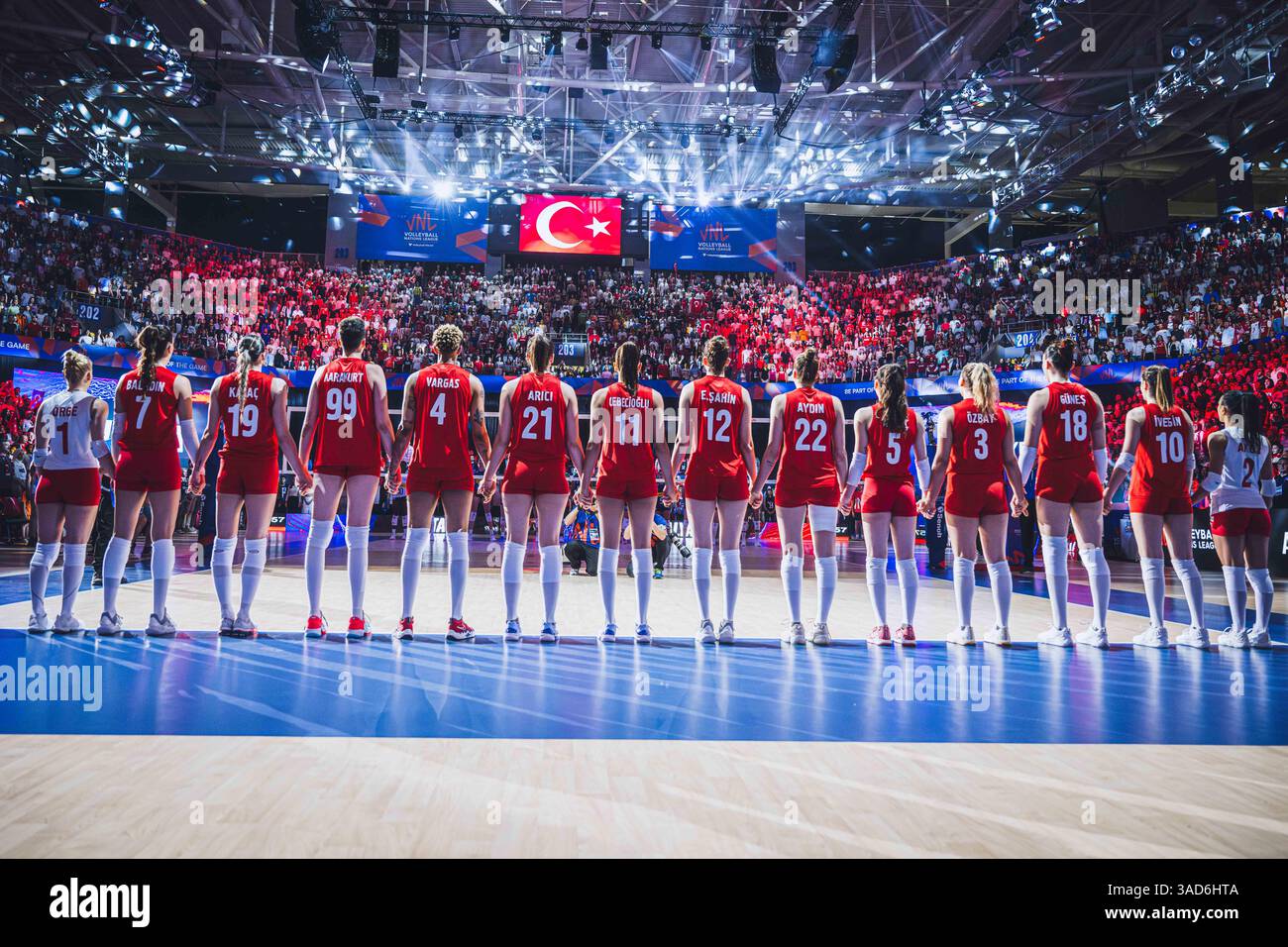 Volleyball players from Italy and the Turkiye in action during the FIVB Women Volleyball Nations ...