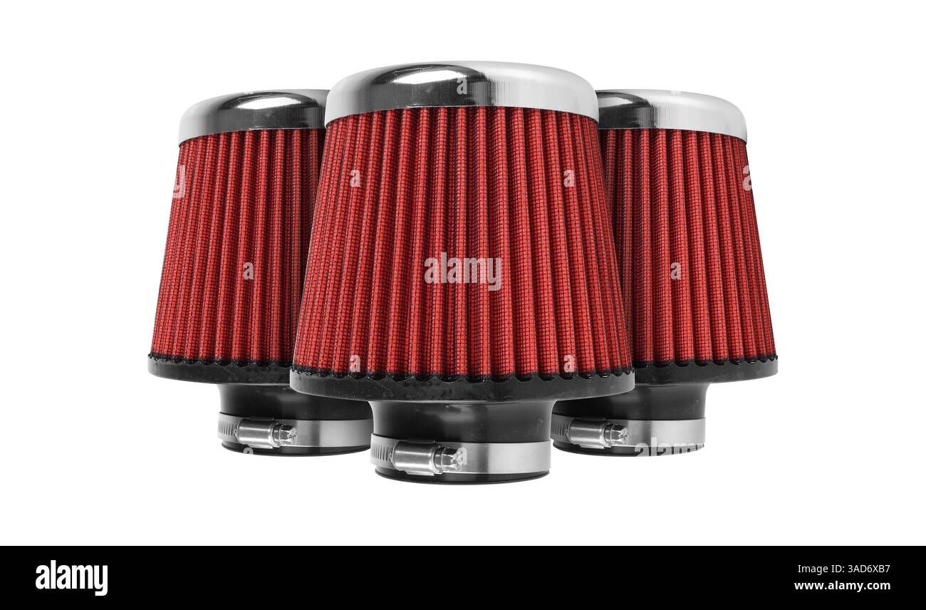 Car Parts - Side view three red cone sports air filter isolated white ...
