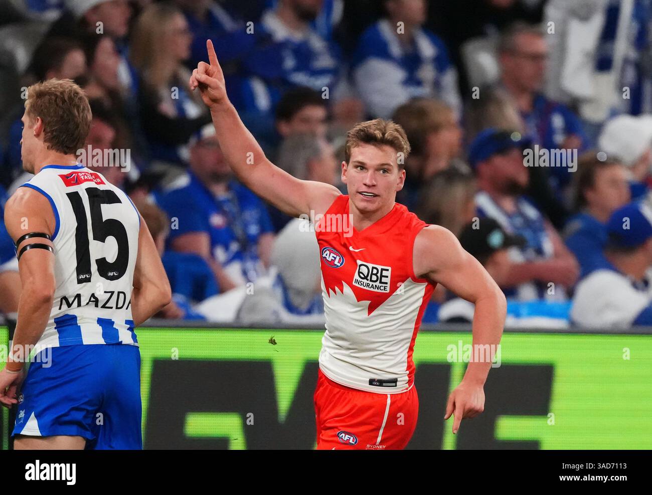 Angus Sheldrick of the Swans celebrates after kicking a goal during the ...