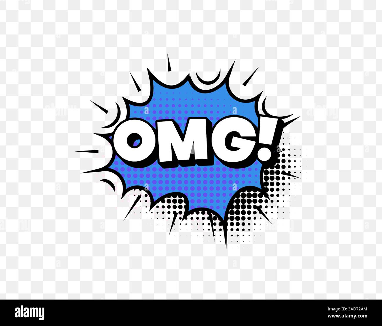 Comic Style OMG Text in Blue Burst with Halftone Dots and Bold Outline, Ideal for Reactions ...