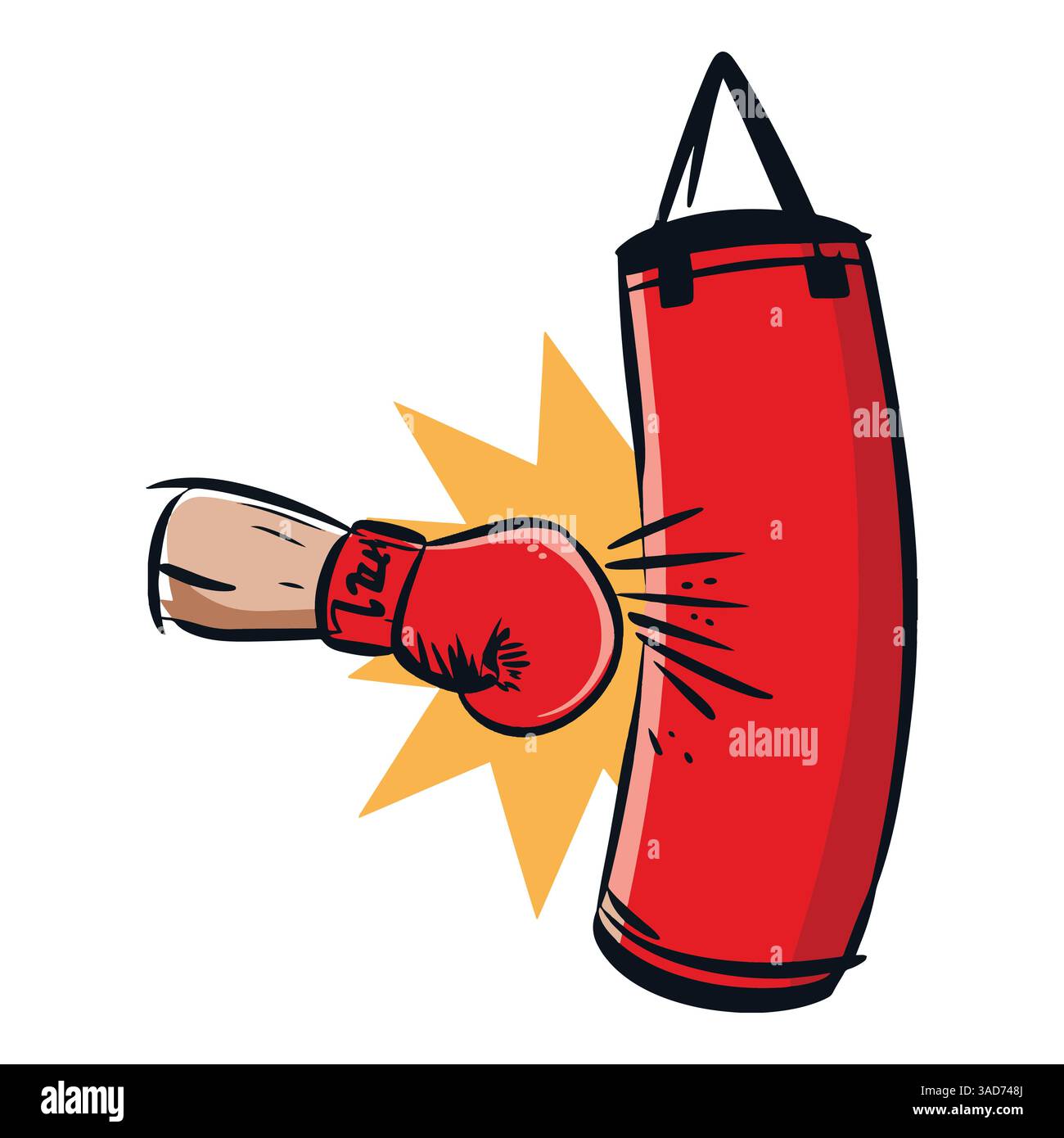 Red boxing glove hitting a punching bag. Cartoon illustration depicting ...