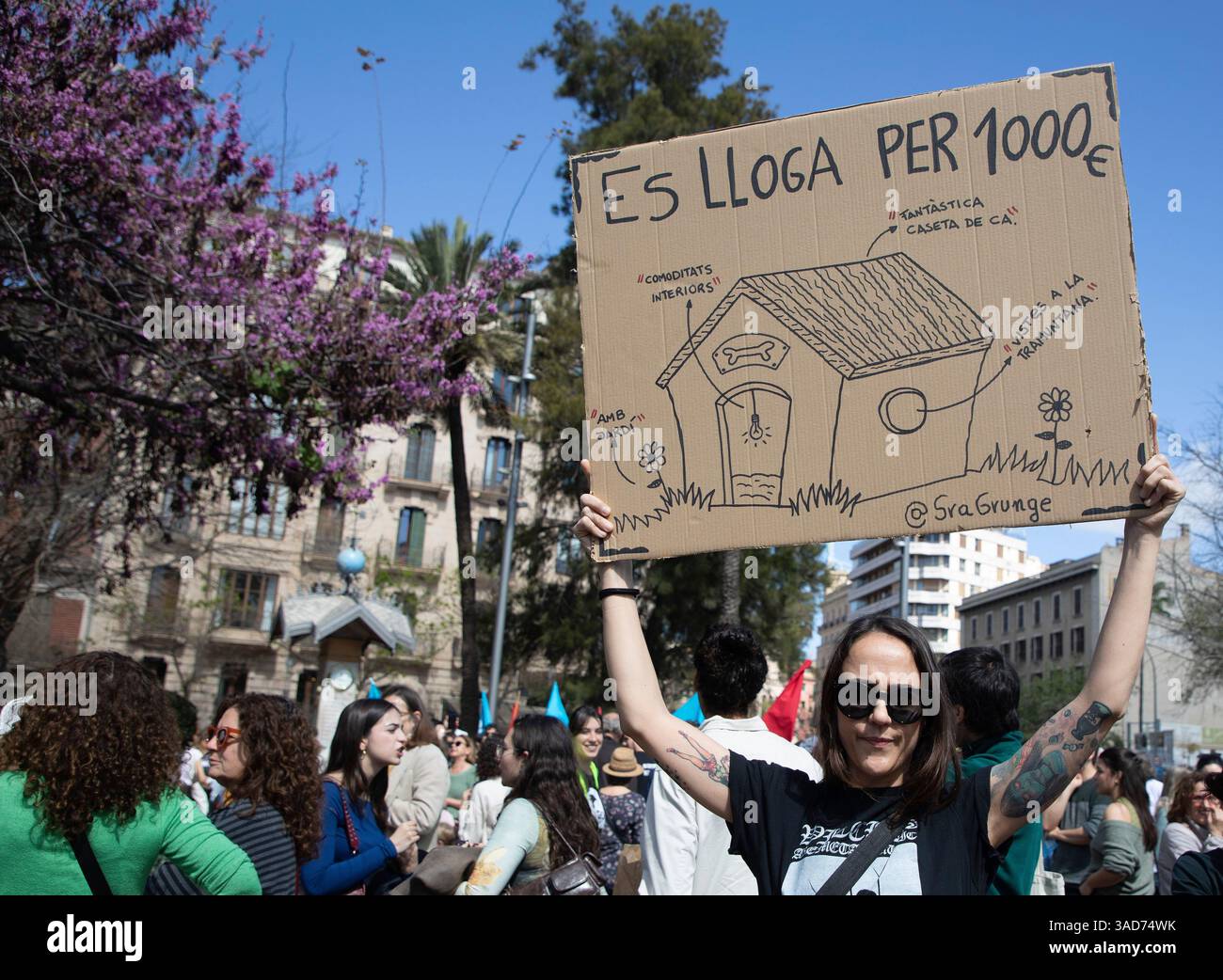 05 April 2025, Spain, Palma: People demonstrate against the increasing ...