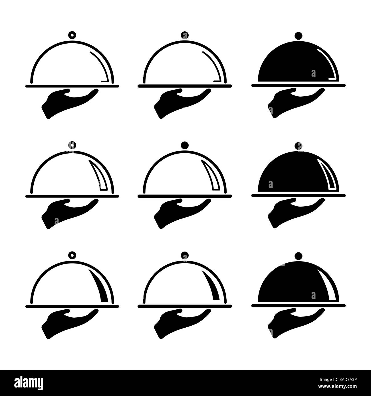Set of Waiter tray icon, dish menu restaurant web symbol, lunch design ...