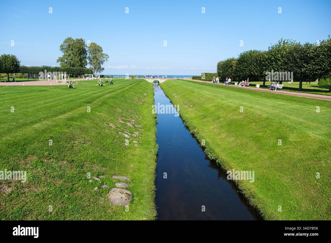 A grassy area with a creek running through it. The creek is surrounded ...