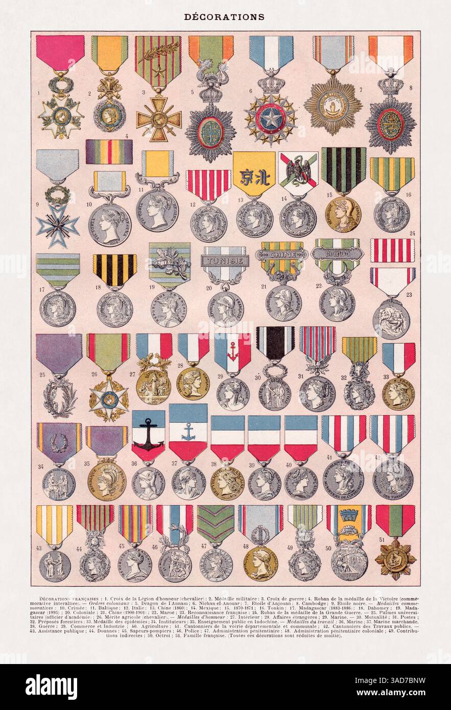 Illustration of the various civil and military medals awarded in France ...