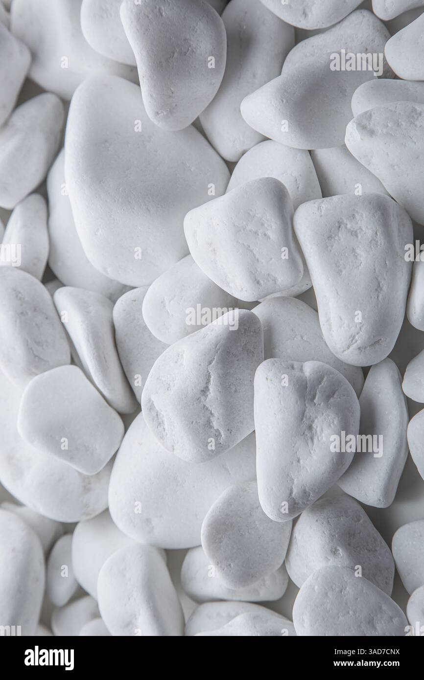 Smooth white pebbles arranged in a uniform close-up view, creating a ...