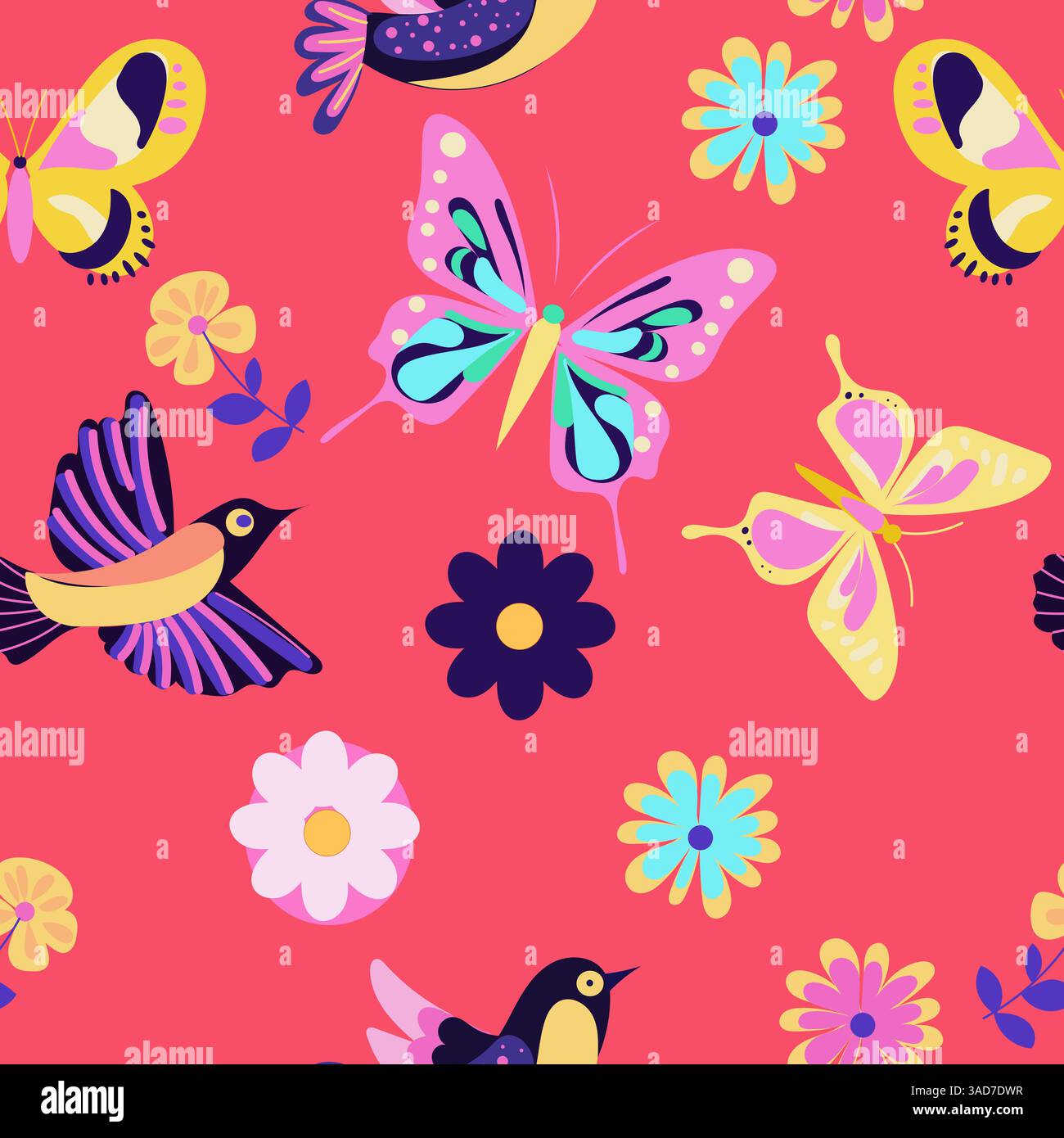 Seamless pattern groovy elements, butterfly, bird and flower, bright ...