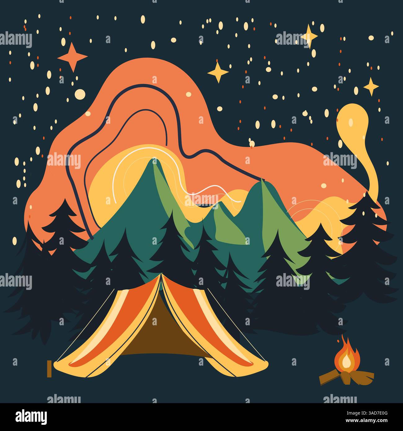 Groovy style illustration camping in the mountain in the night, bright ...