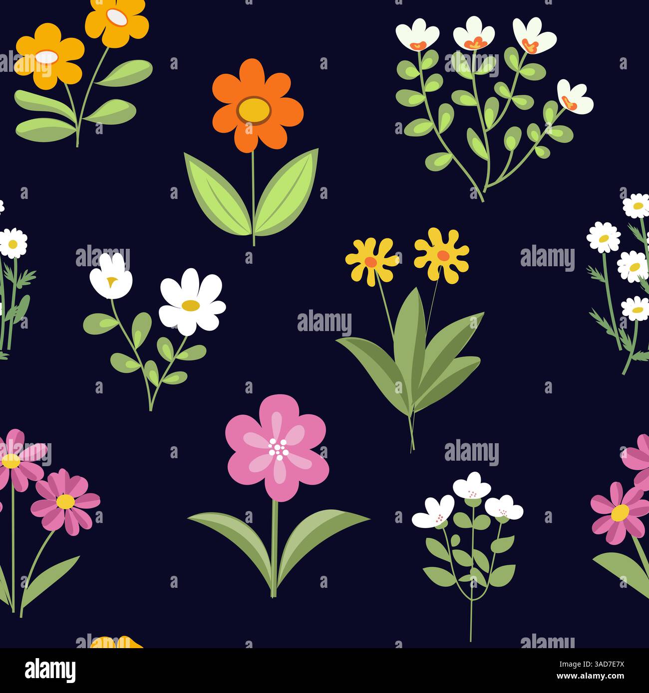 Seamless pattern with spring flowers on a blue background. Elegant floral design in a modern ...