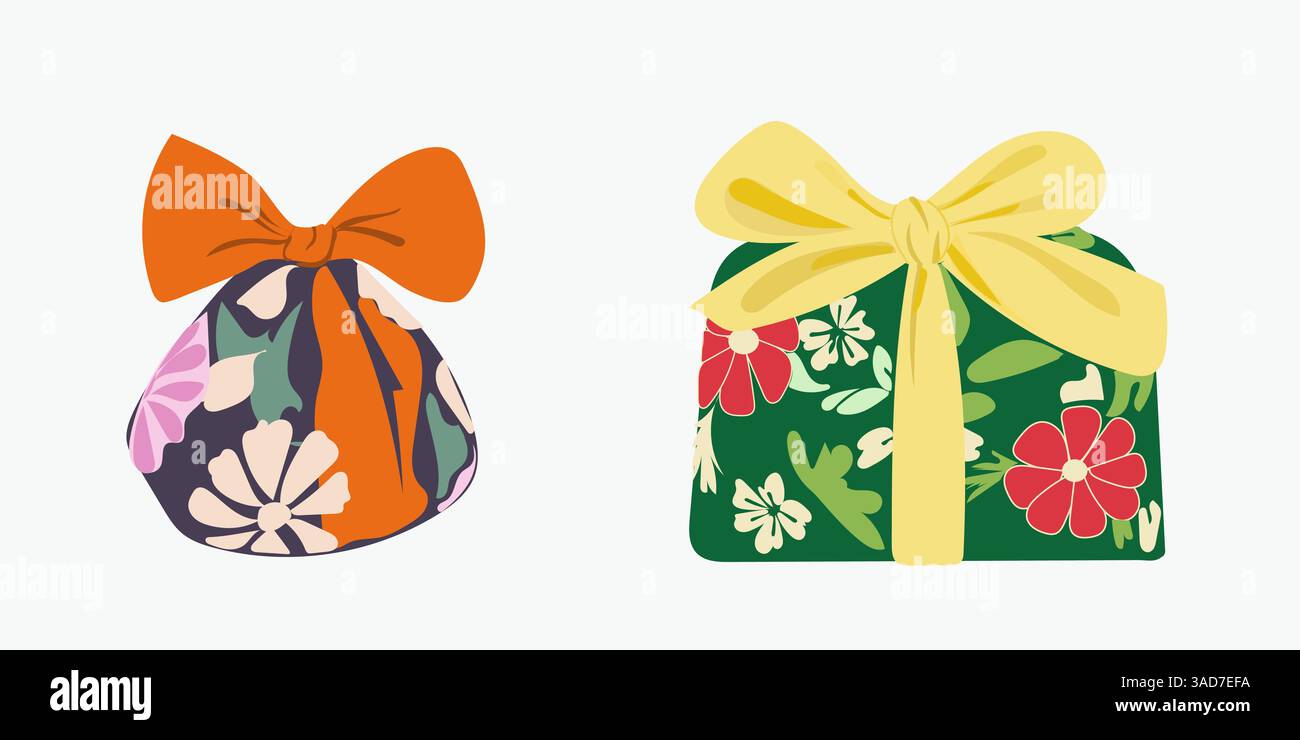 Furoshiki wrapping set, japanese traditional, flat vector isolated ...