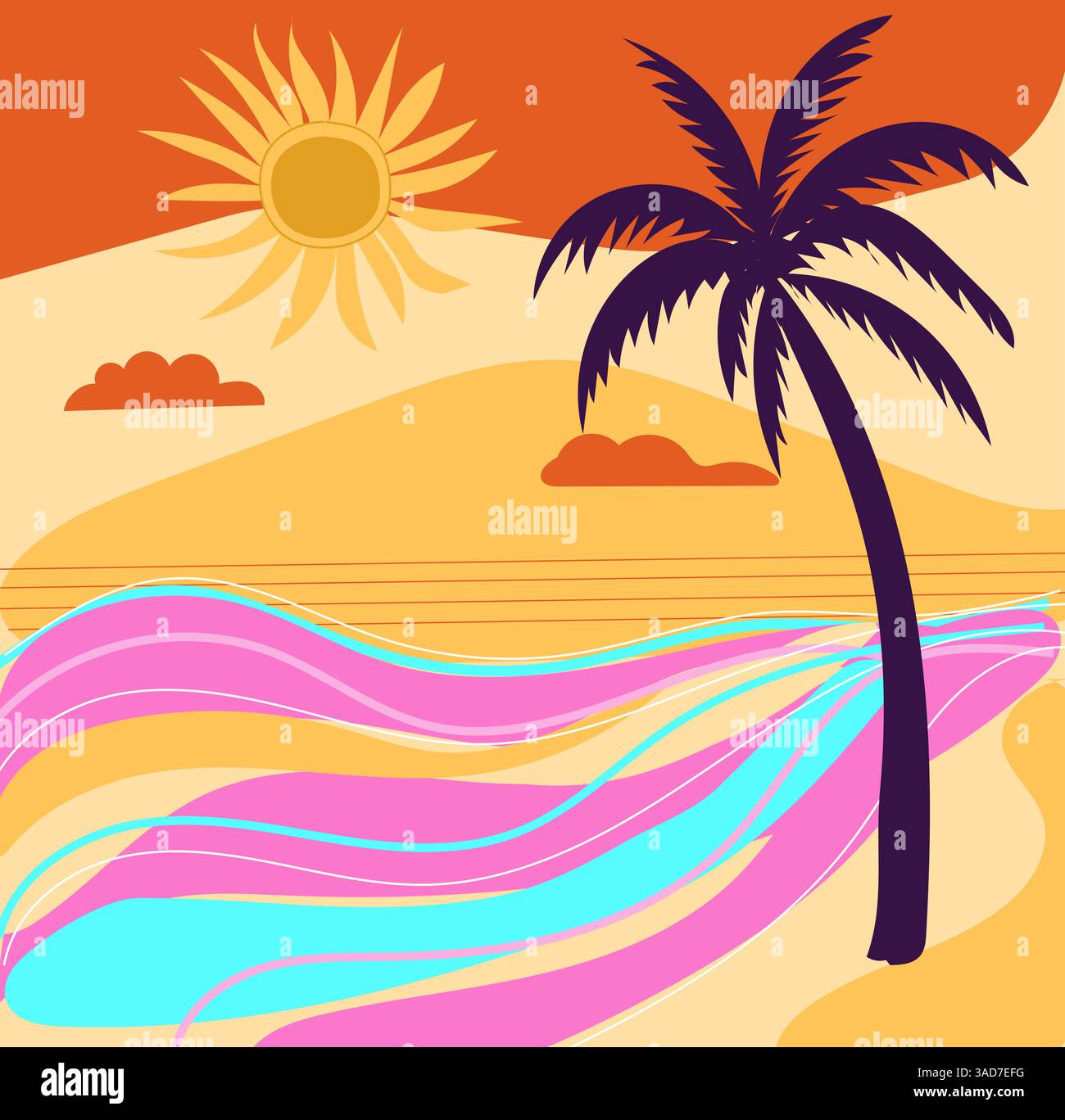 Groovy style illustration summer beach sunshine and palm, bright hippie ...