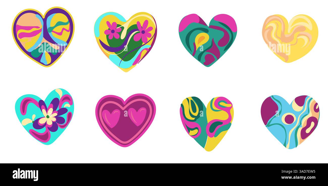 Set of hearts groovy style flat vector, colored with bright color ...